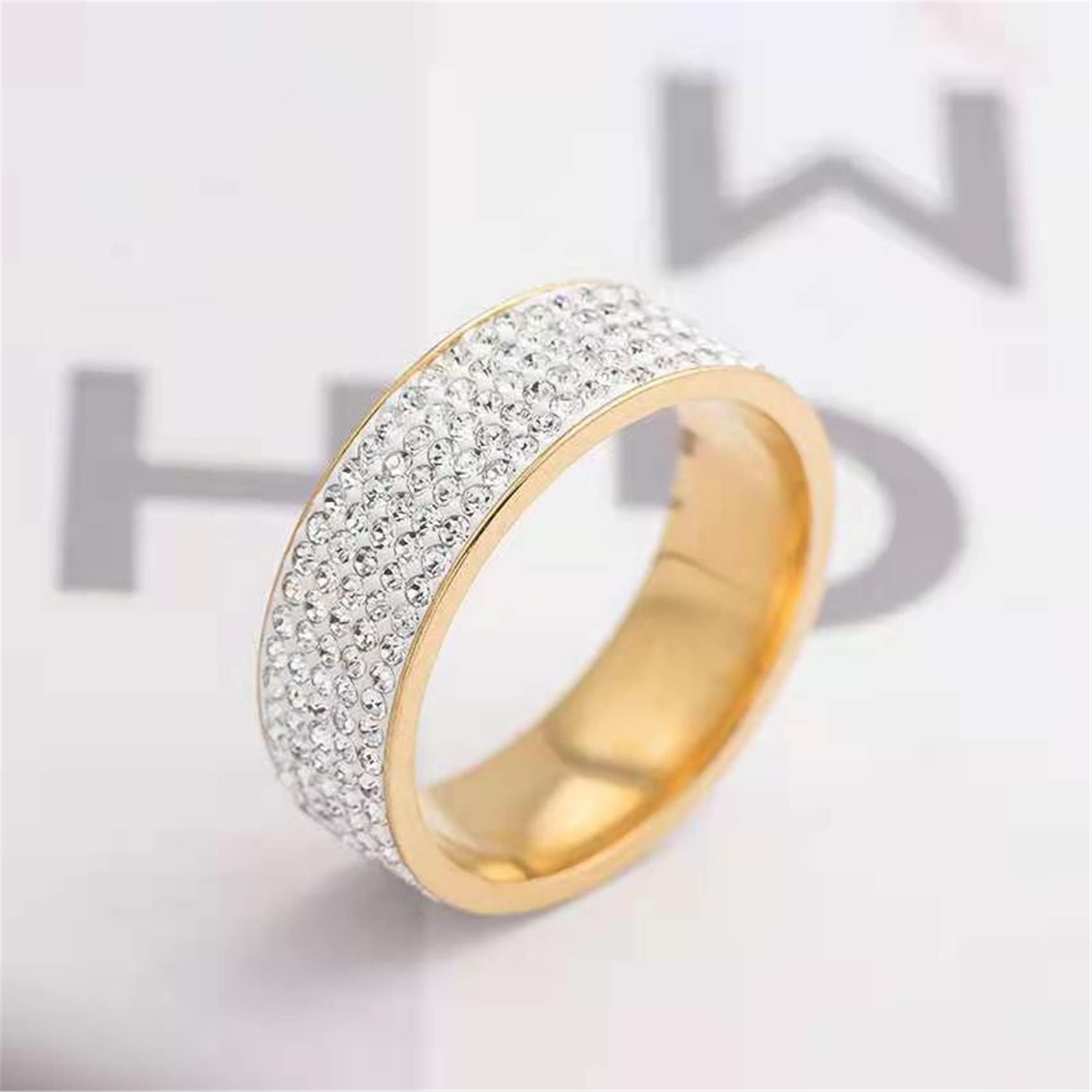 Iumer Women 5 Rows Rhinestone Ring Sparkling Full Rhinestone Ring Ladies Jewelry (Gold, Size 7)