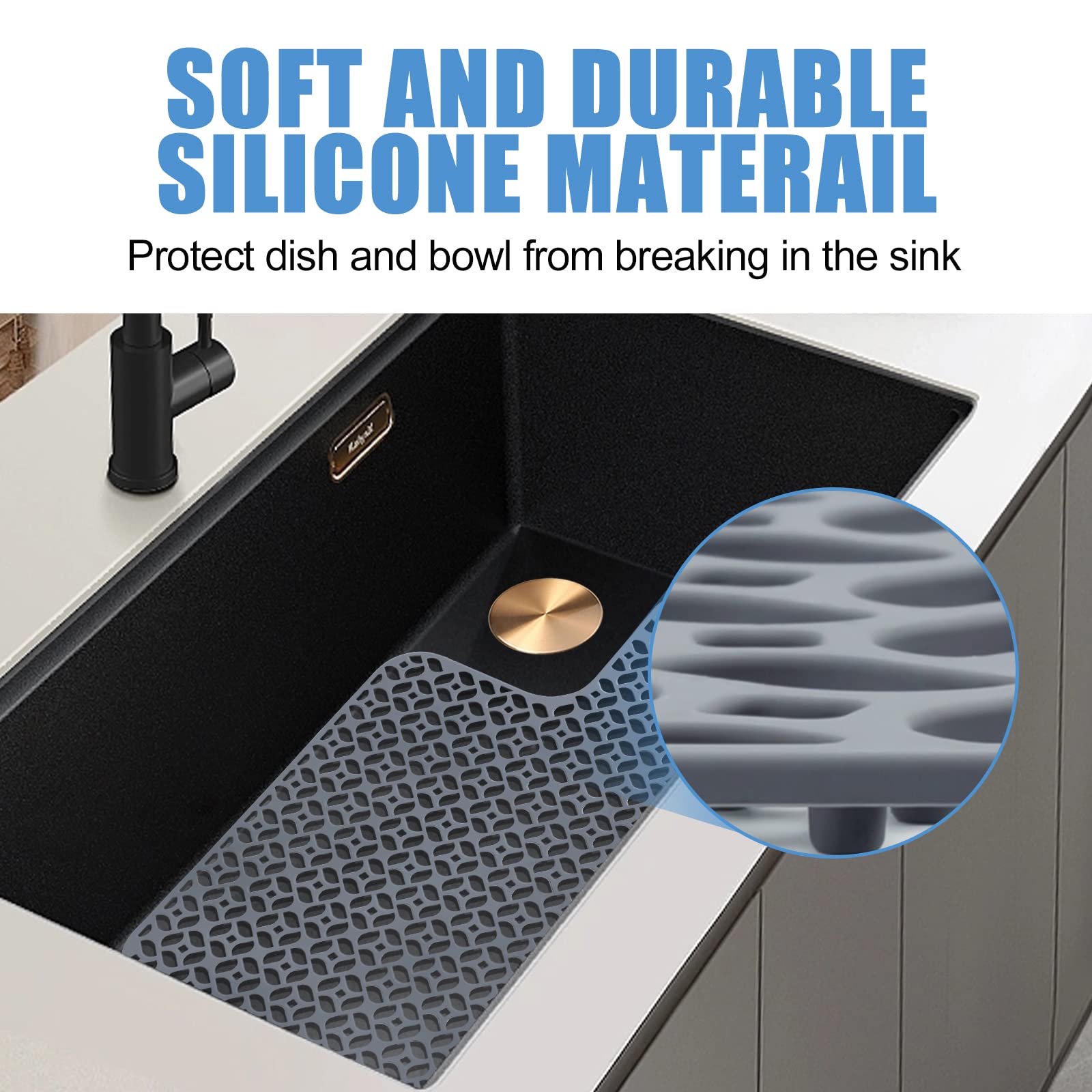 JUSTOGO Silicone Sink Mat, Left & Right Drain Sink Protectors for Kitchen Sink Grid Accessory, 1 PCS Non-slip Sink Mats for Bottom of Kitchen Farmhouse Stainless Steel Porcelain Sink (28.2''x 14.2'')