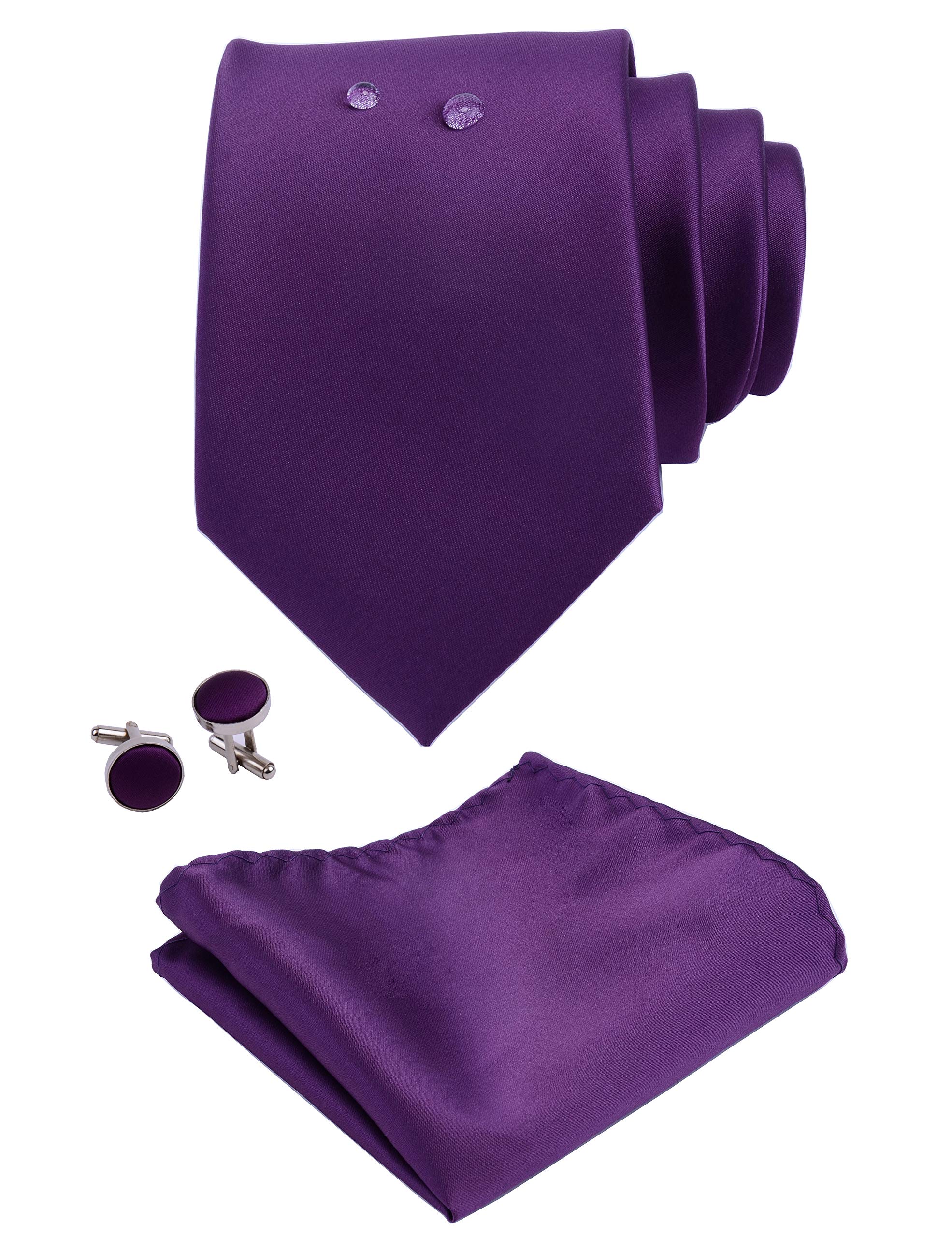 GUSLESON Plain Purple Tie For Wedding Necktie and Pocket Square Cufflinks Set (0785-02)
