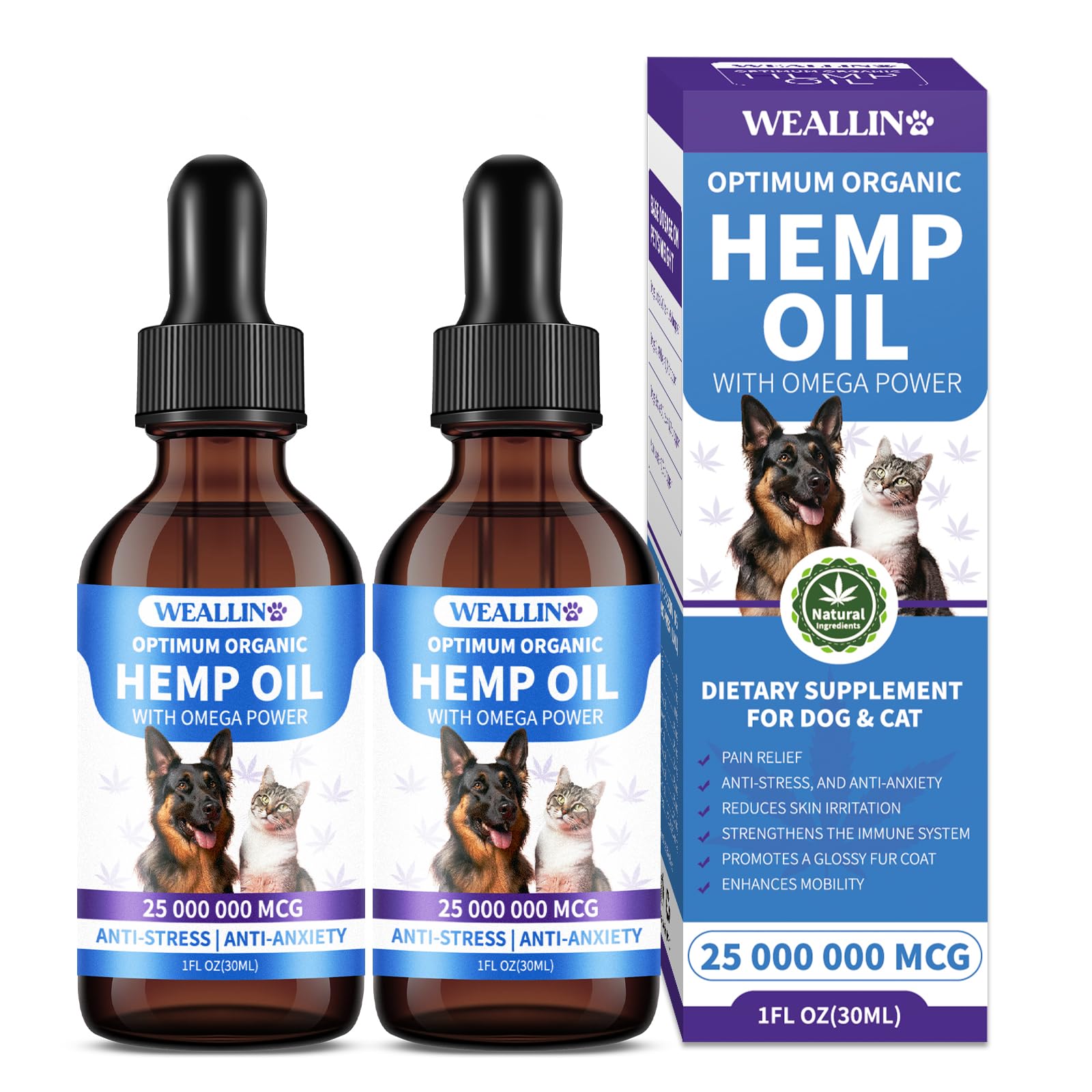 WEALLIN Hemp Oil for Dogs and Cats, Rich in Omega 3, 6, 9 and Organic Extract Helps Pets with Anxiety, Pain, Skin and Coat Health, Stress, Hip and Joint Support
