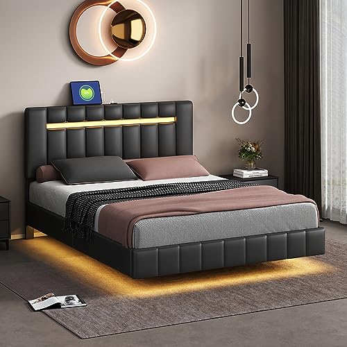 SIYSNKSI Modern Queen Size Upholstered Platform Bed, Floating Bed Frame with LED Lights and USB Charging, PU Leather Platform Bed for Kids Teens Adult Bedroom, No Box Spring Needed (Black-A032)