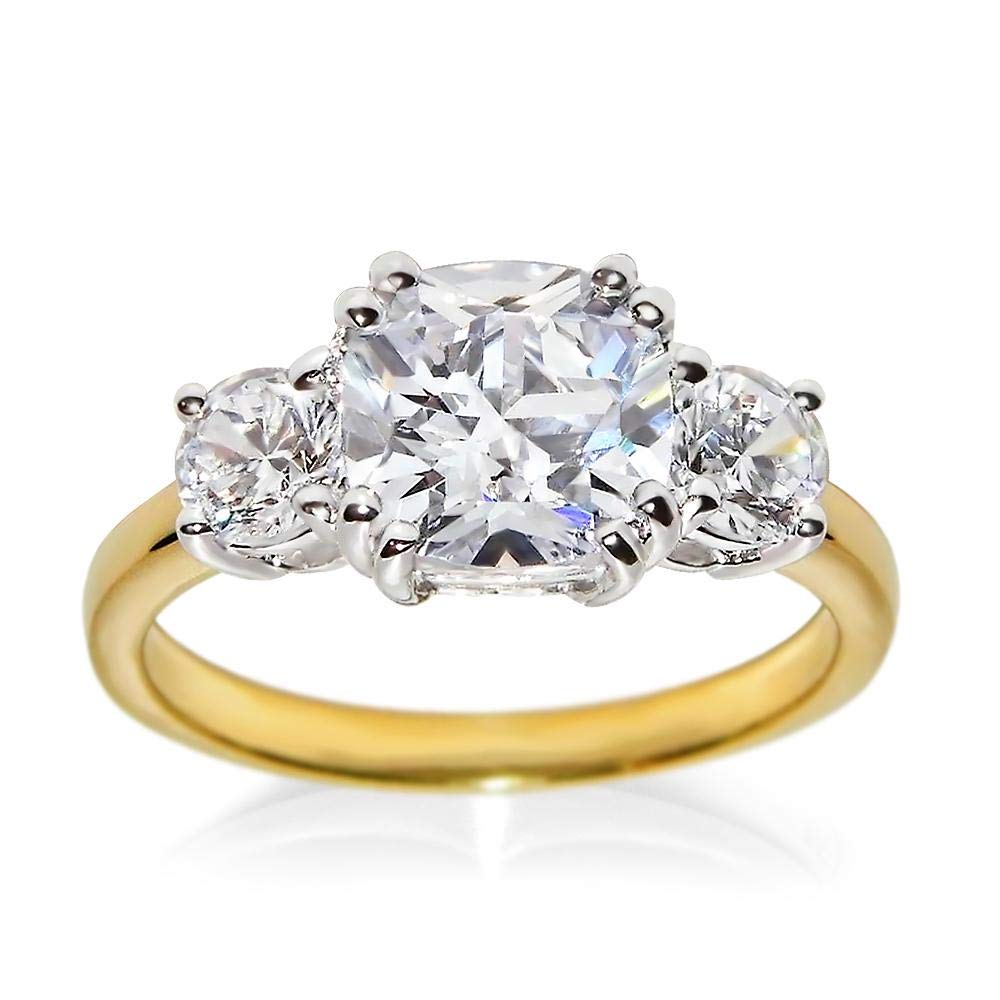 IVY & BAUBLE 3 Stone Cushion Cut Simulated Diamond Engagement Rings for Women in 18K Yellow Gold Plating, Size 5
