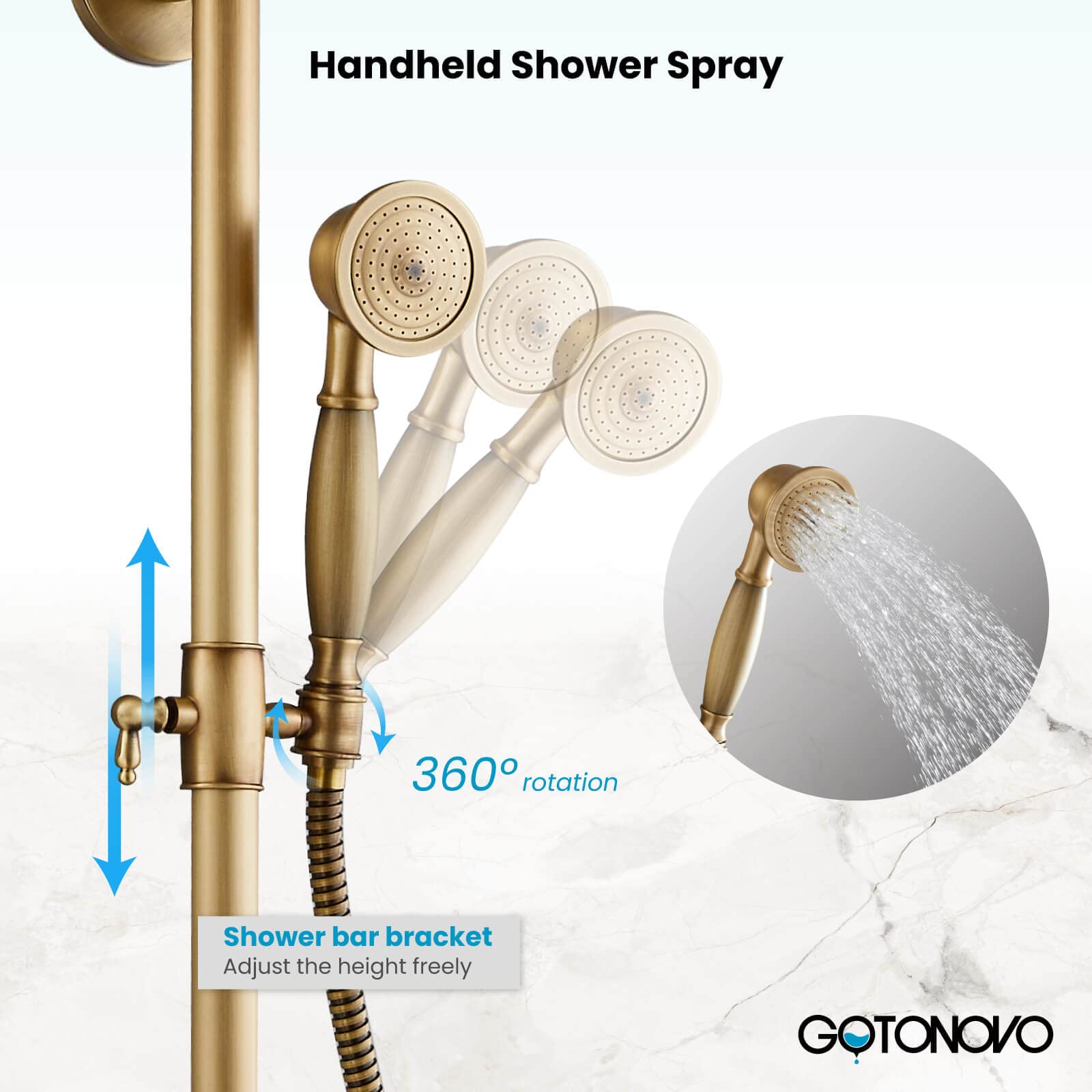 gotonovo Exposed Bathroom Shower Faucet with Shower Shelf Antique Brass 8 inch Rainfall Shower Head Wall Mounted Double Cross Handles Handheld Sprayer Shower Shower System Dual Functions