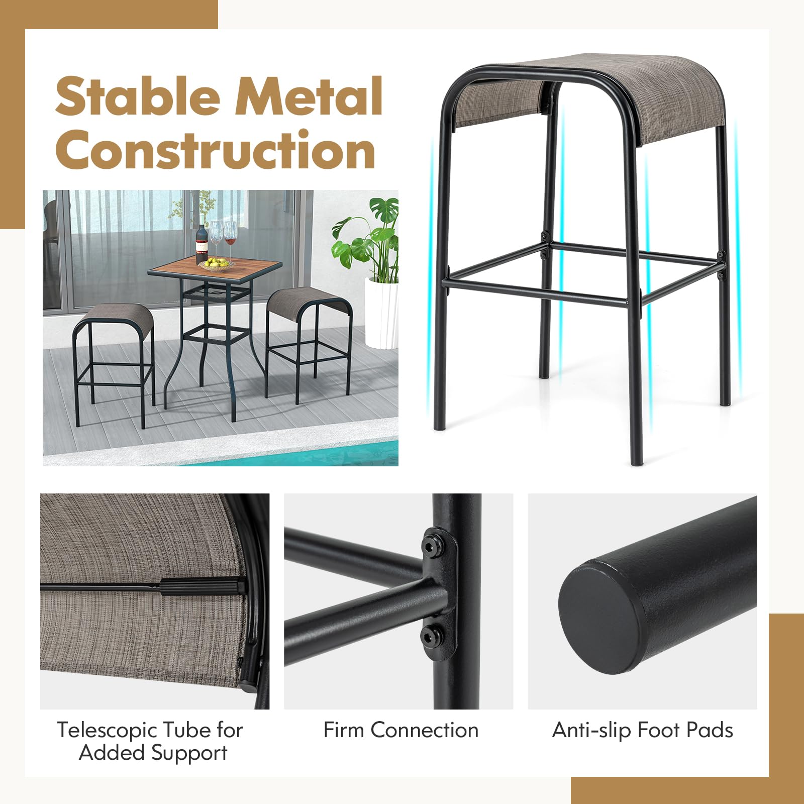Tangkula Outdoor Bar Stools Set of 4, 30" Bar Height Bistro Stools with Breathable Fabric Seat & Heavy-Duty Metal Frame, Backless Bar Chairs with Curved Seats for Patio, Poolside, Backyard (4, Coffee)