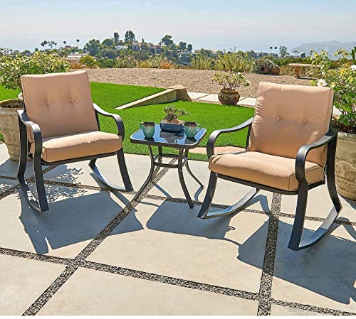 Oakmont Outdoor Furniture 3 Piece Conversation Bistro Set Rocking Chairs and Glass Top Table, Thick Cushions, Black Steel (Brown)