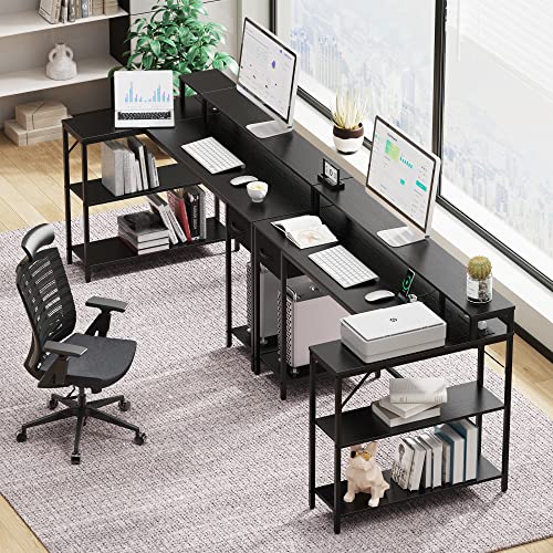 SUPERJARE 53 Inch L Shaped Desk with LED Lights & Power Outlets, Reversible Computer Desk with Shelves & Drawer, Corner Desk Home Office Desk, Black