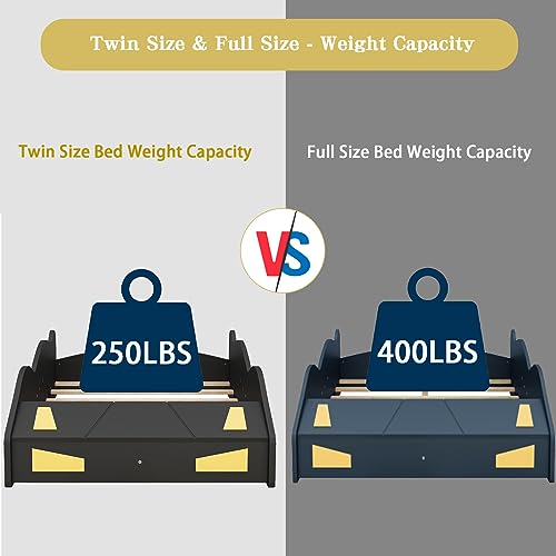 Nigwedete Twin Size Race Car-Shaped Platform Bed with Wheels, Wood Platform Bed Frame with Storage Space, Children Car-Shape Beds for Bedroom, Dark Blue+Yellow