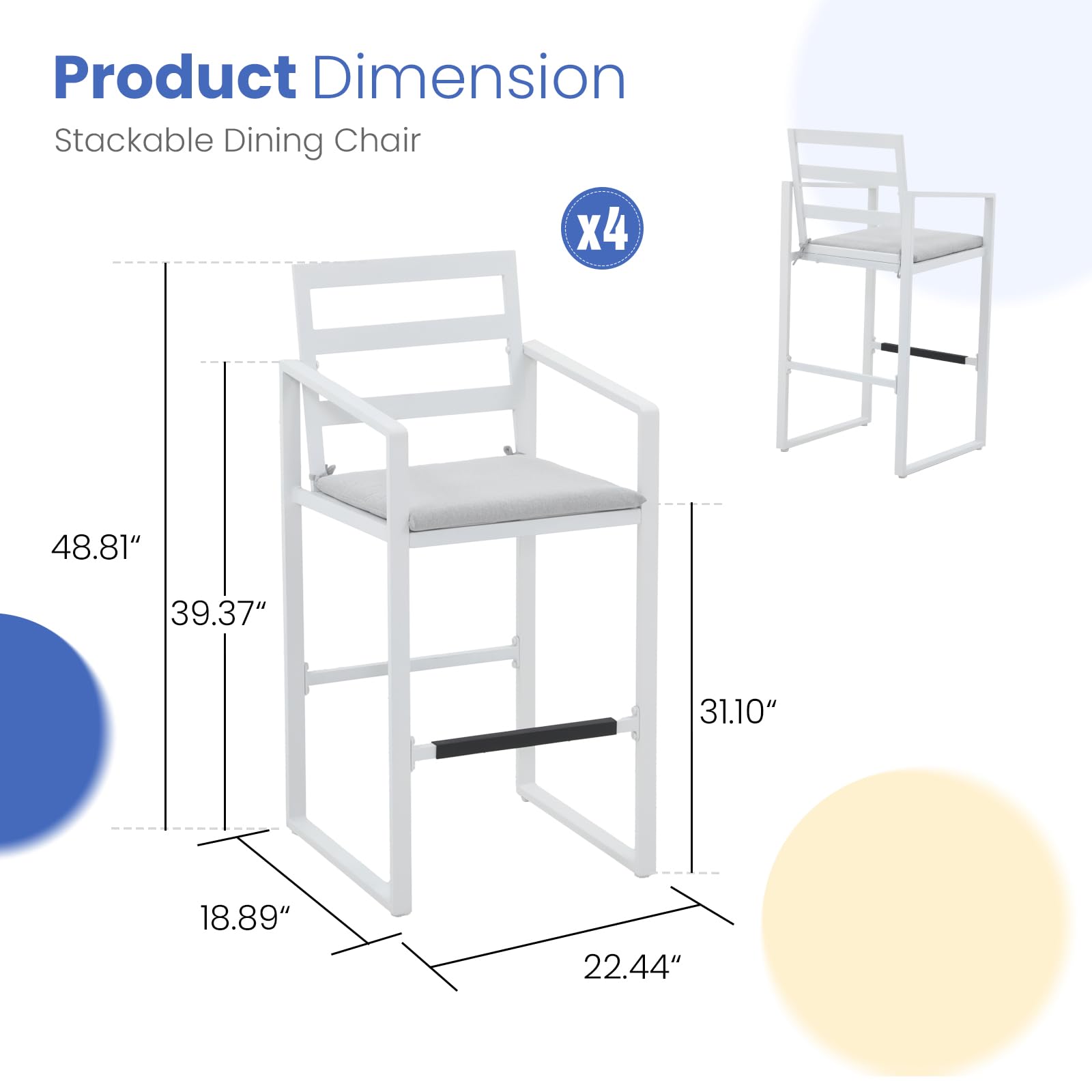 SUNSITT Outdoor Bar Stools Set of 4, All-Weather Aluminum Barstools Bar Height Patio Chairs w/Cushions & Footrest for Backyard Balcony Pool Lawn, White