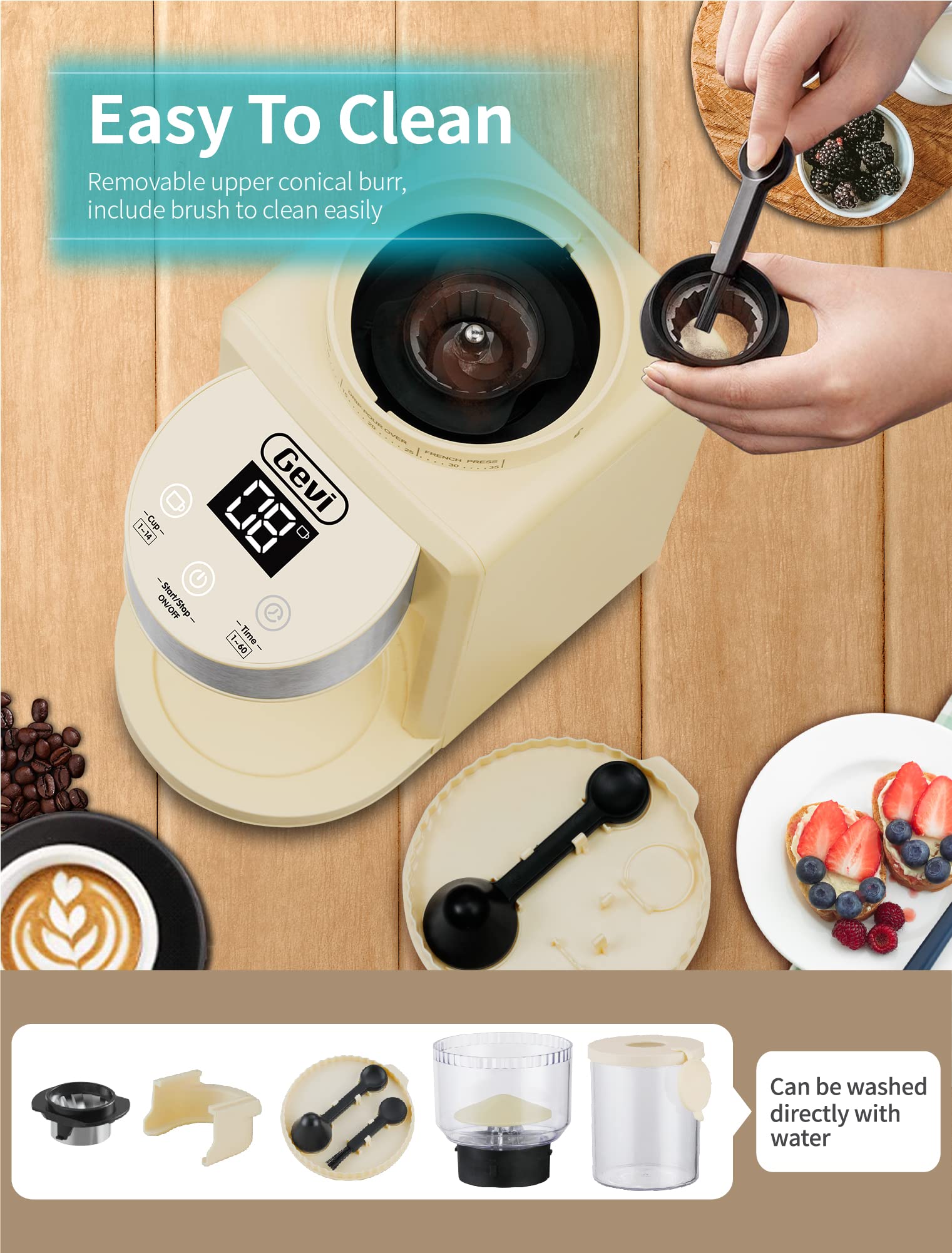 Gevi 20 Bar Compact Professional Espresso Coffee Machine with Milk Frother for Espresso, Latte and Cappuccino Burr Coffee Grinder with 35 Precise Grind Settings, Beige, I406B-W