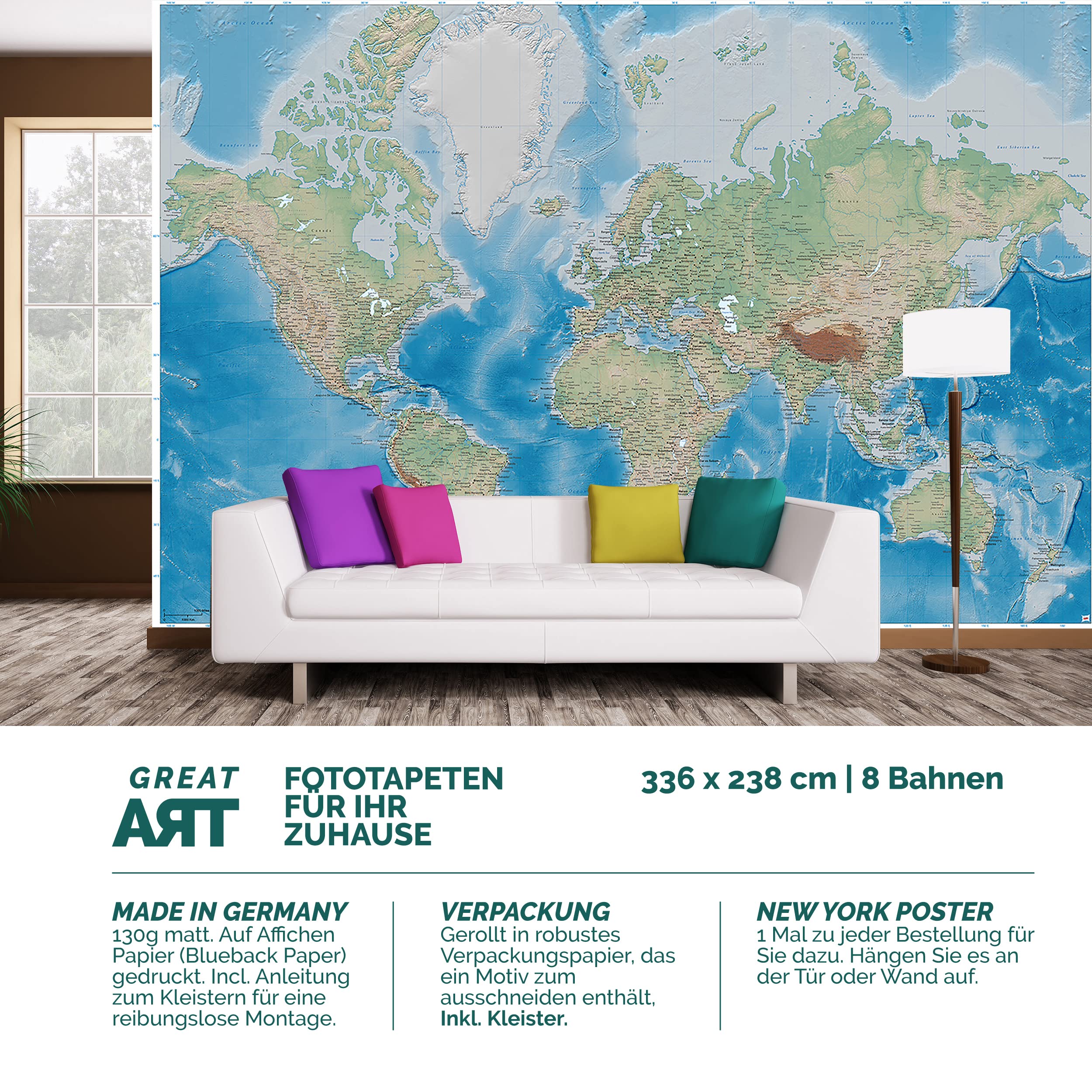 GREAT ART Photo Wallpaper World Map Decoration 132.3x93.7in / 336x238cm โ Miller Projection Relief Continent English City Names Modern Mural โ 8 Pieces Includes Paste