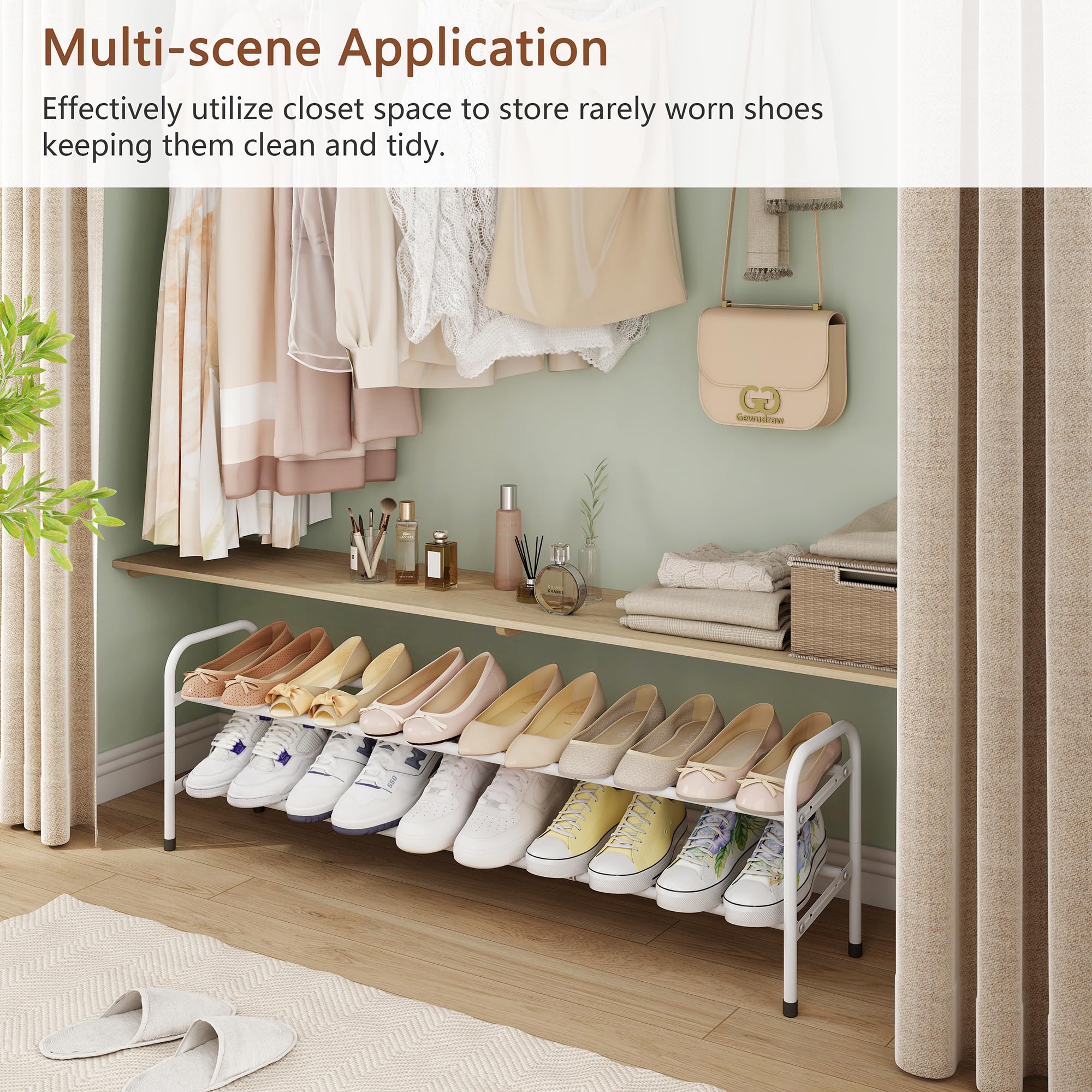 Gewudraw 2-Tier Shoe Rack Expandable, Width Adjustable Shoe Shelf Storage Organizer, 41.53'' Metal Standing Shoe Rack for Bedroom Entryway Closet, Holds up to 12 Pairs Shoes, White