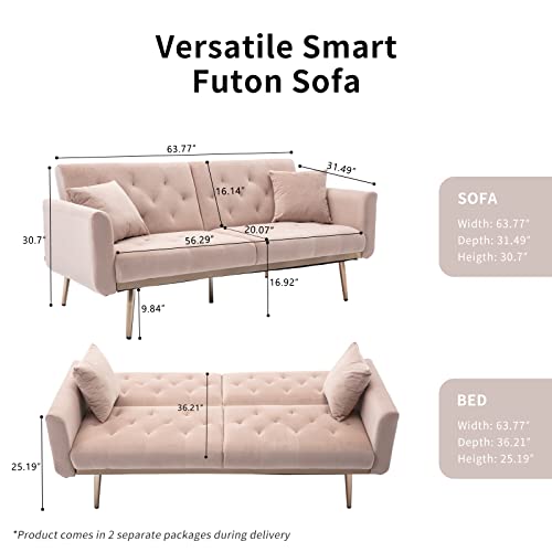 Velvet Futon Sofa Bed,Convertible Sofa Bed with Adjustable Backrest, Modern LoveSeat Sofa Couch for Living Room,Bedroom,Office(Pink)