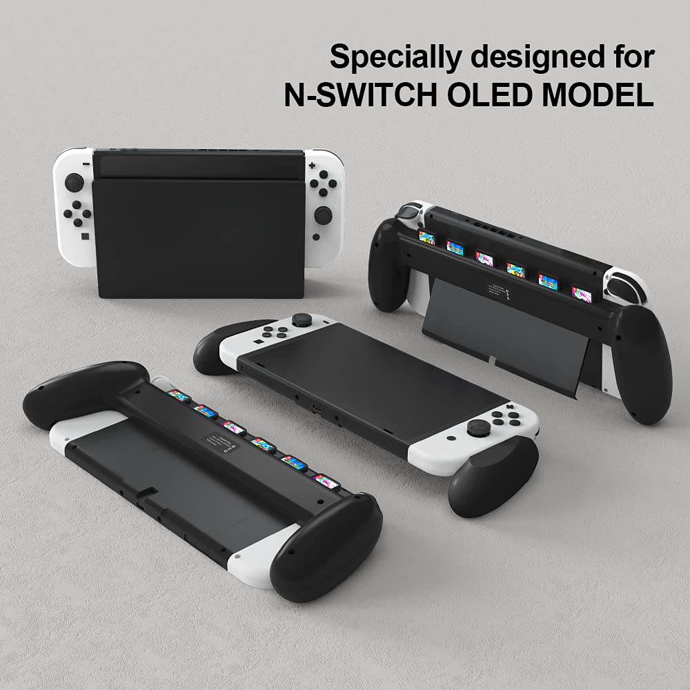 JDDWIN Grip Compatible with Switch OLED Model 2021 Ergonomic Handle Grip Stand for Switch OLED Model Console with Game 6 Card Storage Slots (Black)