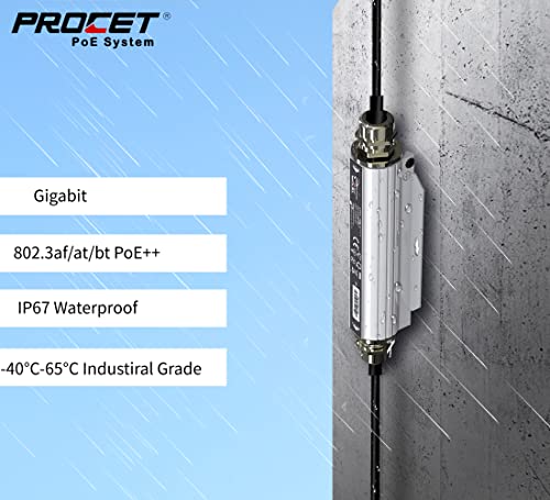 Procet Ethernet Surge Protector - Gigabit RJ45 60W PoE++ Network Lightning Arrestor 10KV Surge Protection, IP67 Waterproof Outdoor Surge Suppressor