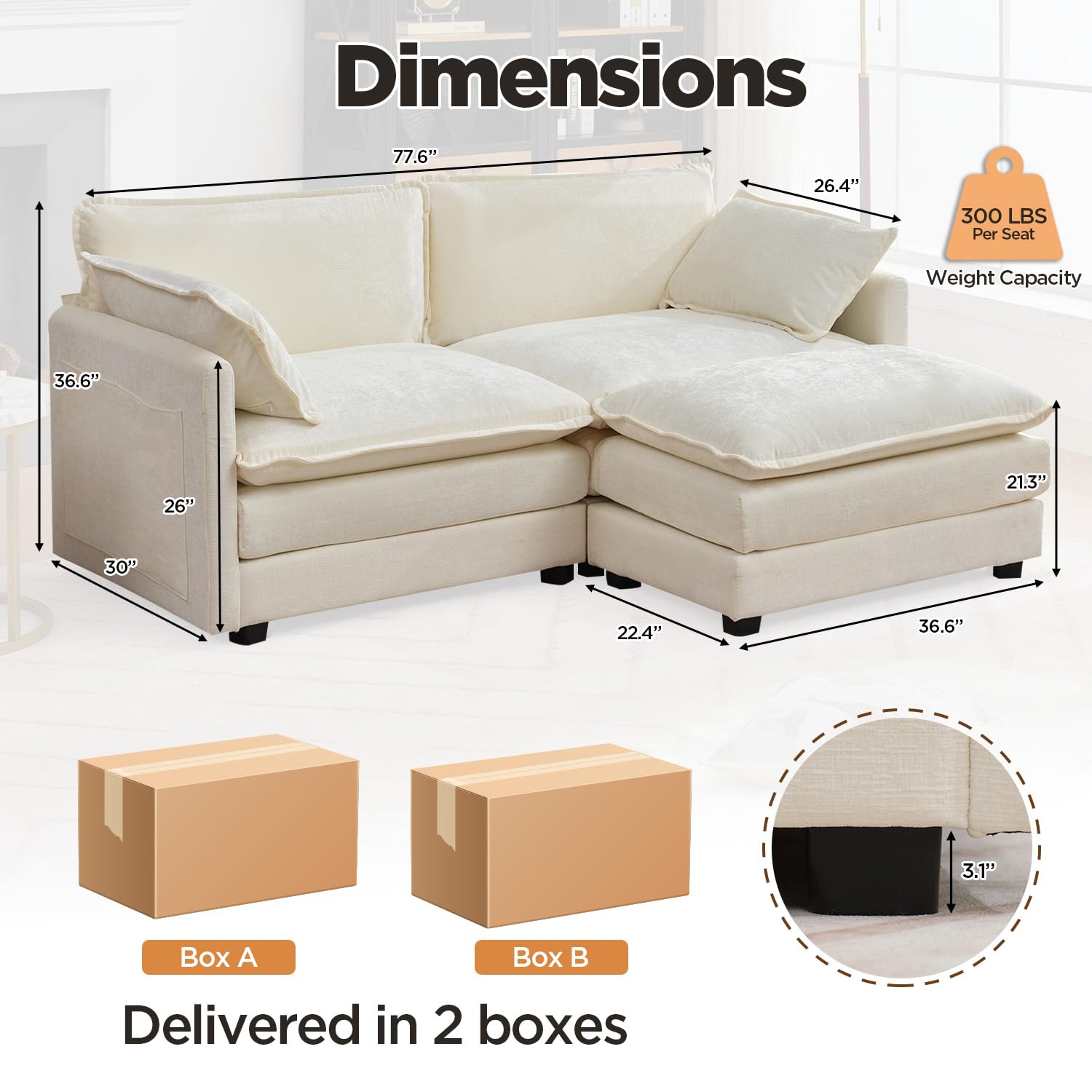 TPHORK Sectional Sofa Cloud Couch with Ottoman, Comfy Sofa Couch for Living Room with Chenille Upholstered (Black, 2-Seat)
