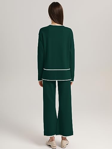 SuperPrity 2 Piece Sweater Sets for Women Winter Wide Leg Pants Knit Outfits Set Comfy Long Sleeve Lounge Wear Sweatsuit Set-L,Dark Green