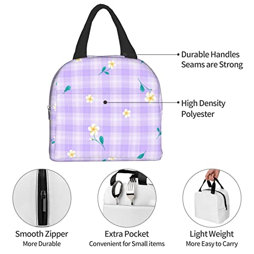 Plumeria Purple Lilac Violet Flower On Purple Plaid Lunch Box Bento Box Insulated Lunch Boxes Reusable Waterproof Lunch Bag With Front Pocket For School Office Picnic