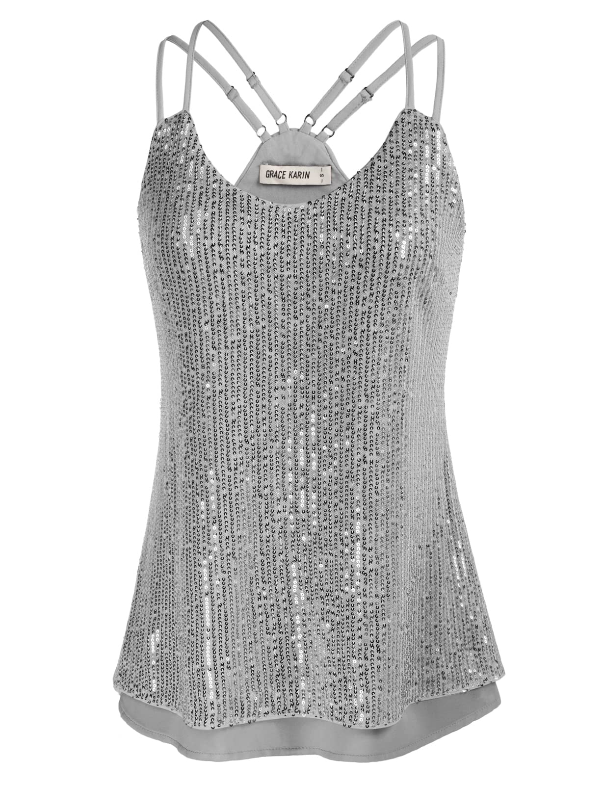 GRACE KARIN Women's Sleeveless Sparkle Shimmer Camisole Vest Double Strap Sequin Tank Tops Silver Grey
