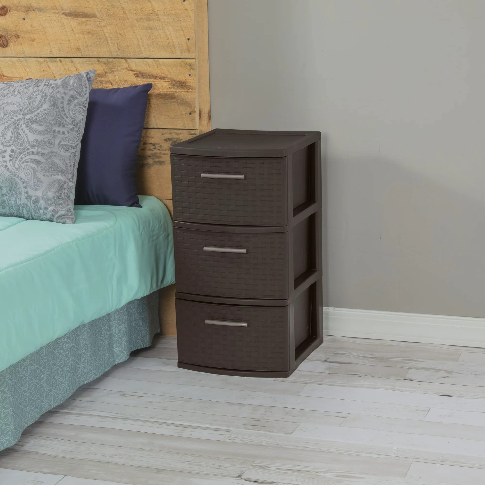 TQaSer 3-Drawer Wide Weave Design Storage Tower, Espresso Frame & Drawers With Driftwood Handles, Brown, Case of 1