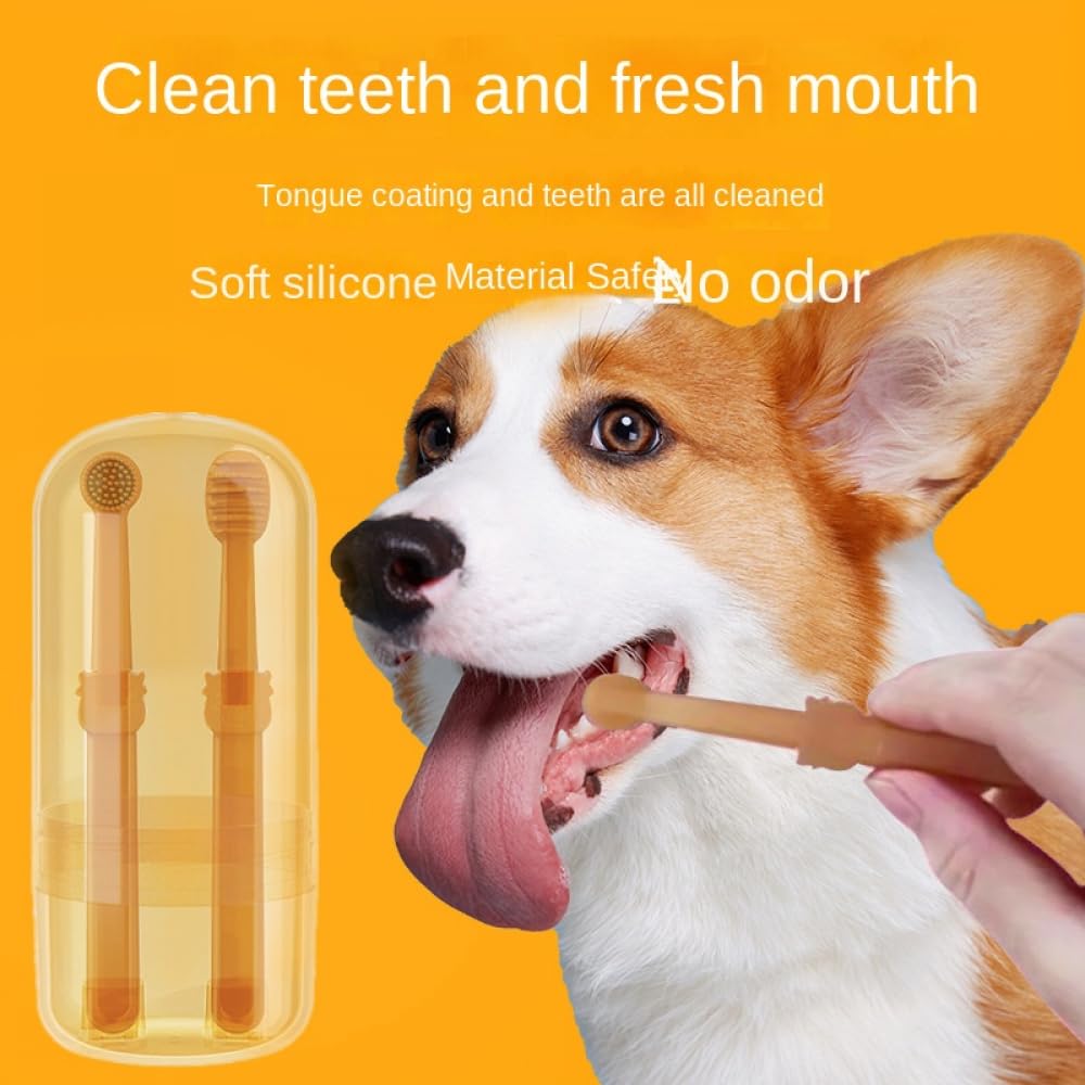 Weiara Toothbrush for Dogs,No Damage to Gums Soft Silicone Cat Toothbrush 2PCS (Tongue Brush + Toothbrush Set) Puppy Toothbrush Cleans Teeth Stains Easily - for Small, Medium and Large Pets