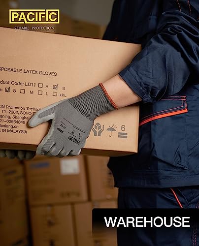 PACIFIC PPE Work Gloves for Men and Women, Touchscreen Working Gloves, 12 Pairs Bulk Pack Mechanic Gloves, PU Coated, Mens Gardening Gloves, Lightweight, Grey, Large