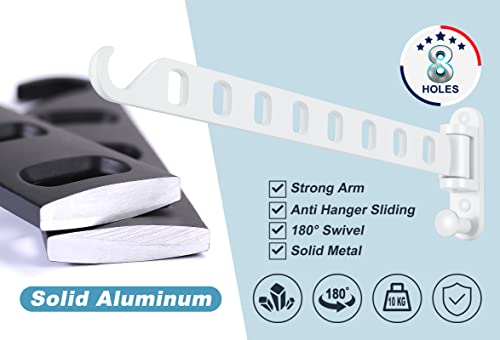SKIKEN White Closet Hanger with Swing Arm, 8-Hole Heavy Duty Coat Hanger, Space Saver for Closet, Small Drying Hanger Rack for Laundry Room, Bathroom, Sturdy, Aluminum (1Pack, White)