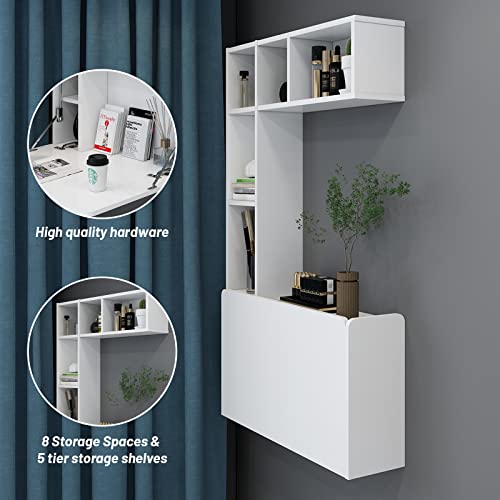 Pmnianhua Floating Desk,Wall Mounted Desk Folding,Space Saving Desk,Folding Wall Desk for Small Space Apartment Bedroom(White)
