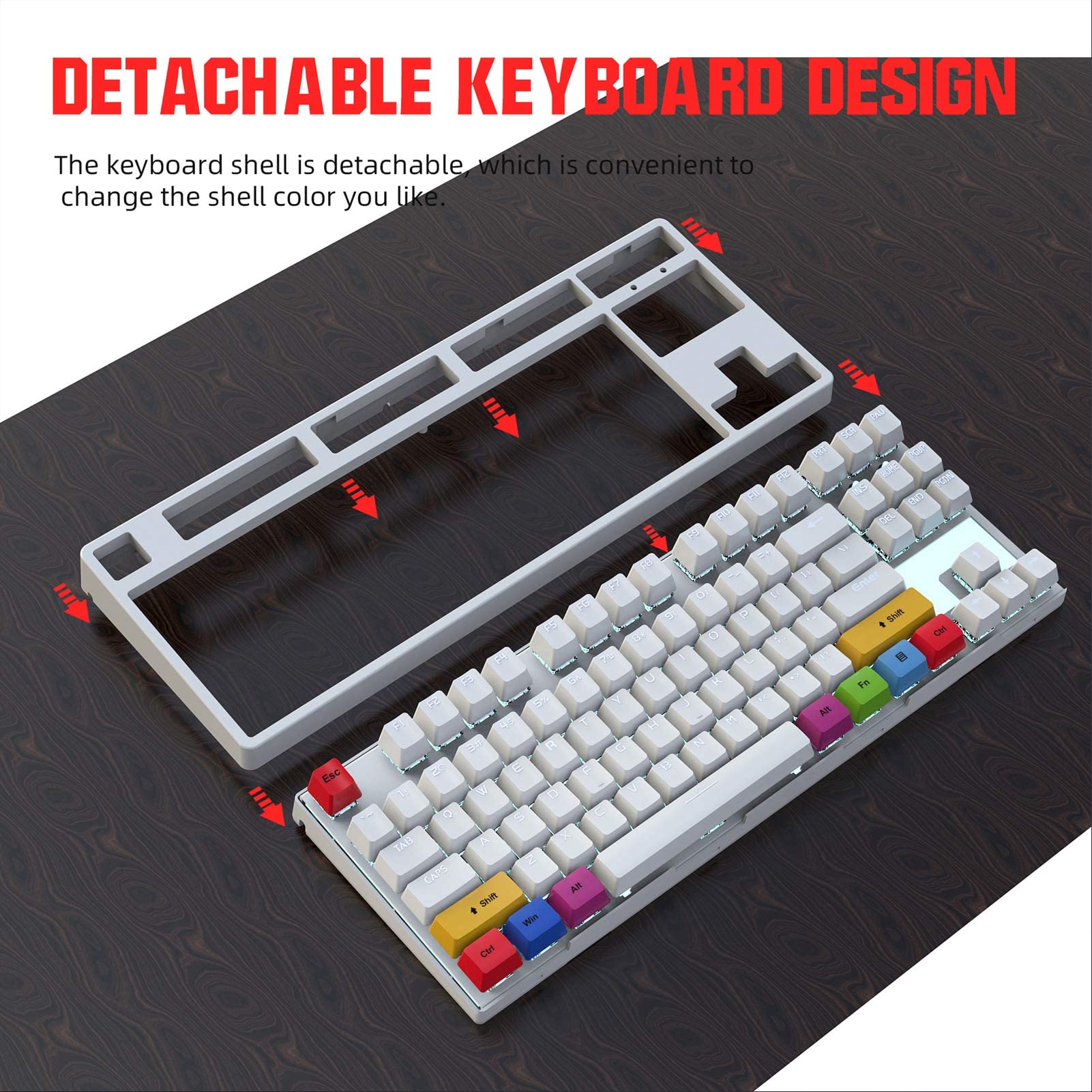 Pomya 87 Keys Wired Gaming Keyboard, Ergonomic USB Wired Mechanical Keyboard with Dye Sublimation Keycap for Win, for Android, for OS X, PC Keyboard for Game, Work(White)