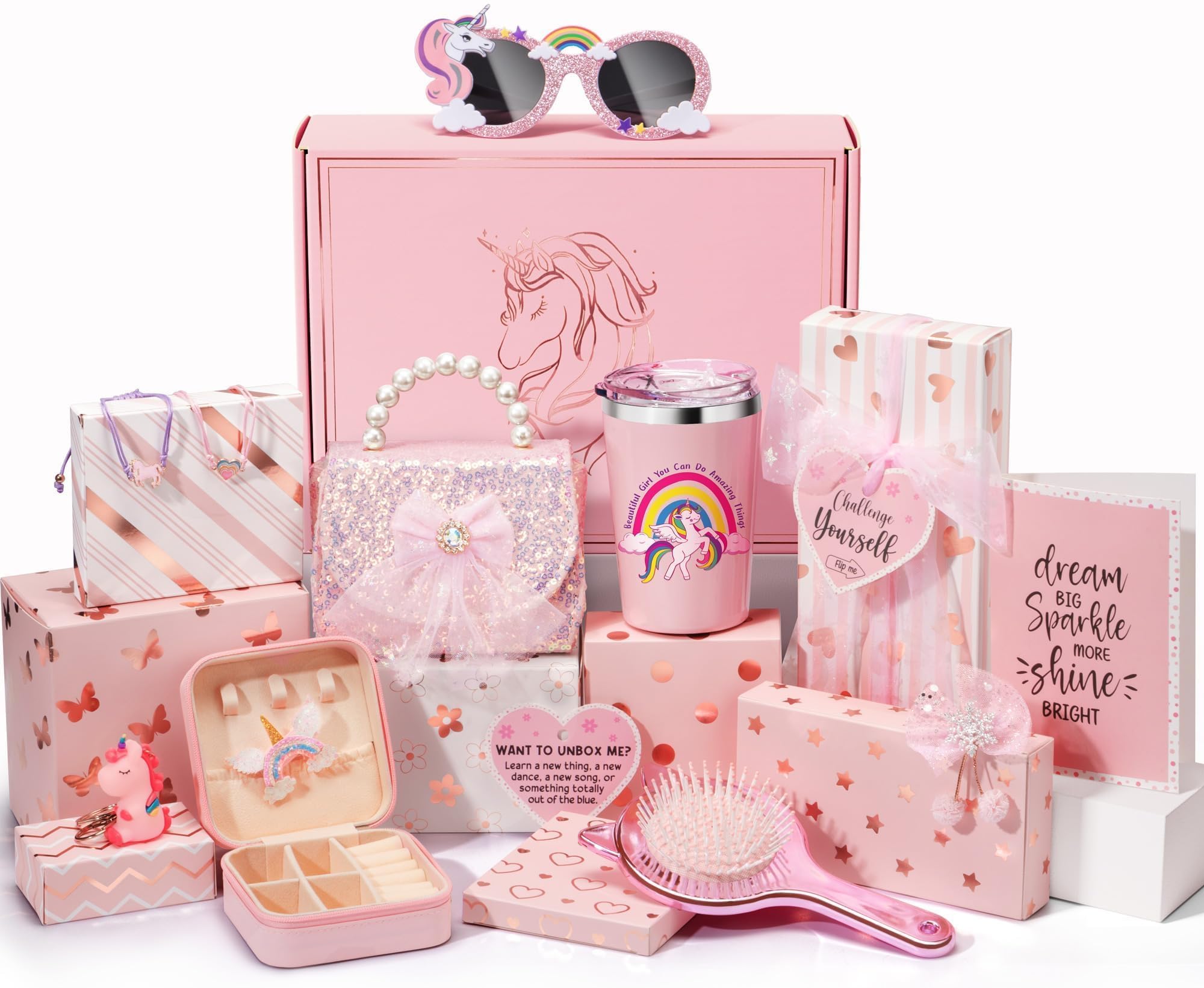 Trabuono Unicorn Toys for Girls Age 4-6 6-8, Christmas Gifts for Girls Kids Empower Girls Birthday Gift for 3 4 5 6 7 8 9 10 11 12 Year Old Tween Teen Girls 8 Wrapped Gifts in 1 Box & Fun Task Tags
