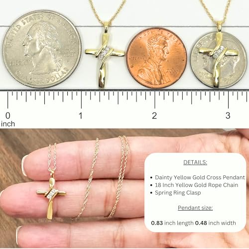 GILDED Small 10 Karat Yellow Gold Natural Round-Cut Diamond Accent 3 Stone Cross Pendant with an 18 Inch Chain