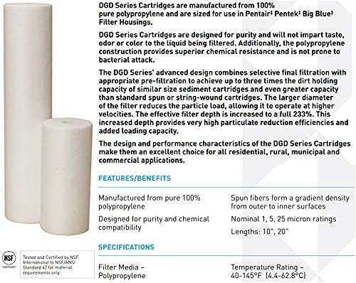 Pentair Pentek DGD-7525-20 Big Blue Sediment Water Filter, 20-Inch, Whole House Heavy Duty Dual-Gradient Density Spun Polypropylene Replacement Filter Cartridge, 20" x 4.5", 25 Micron