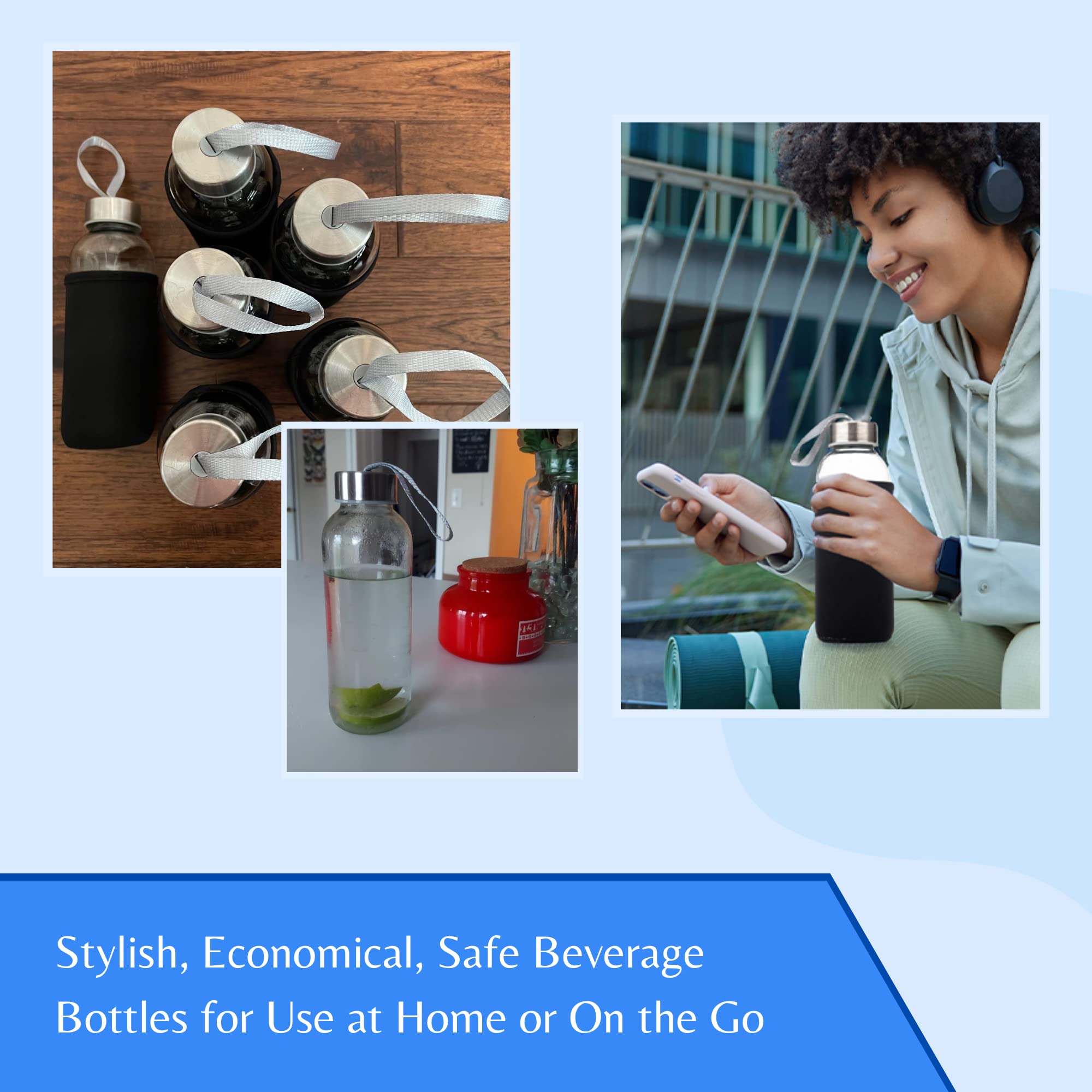 SureSave Glass Water Bottles with Stainless Steel Lids and Sleeves | 16 Oz Reusable Glass Bottles with Carrying Loop for Eco-Friendly Travel Drinks and Beverages (12 Pack)