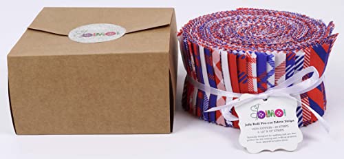Soimoi 40Pcs Check & Tartan Print Cotton Precut Fabrics for Quilting Craft Strips 2.5x42inches Jelly Roll - Red, Blue & White