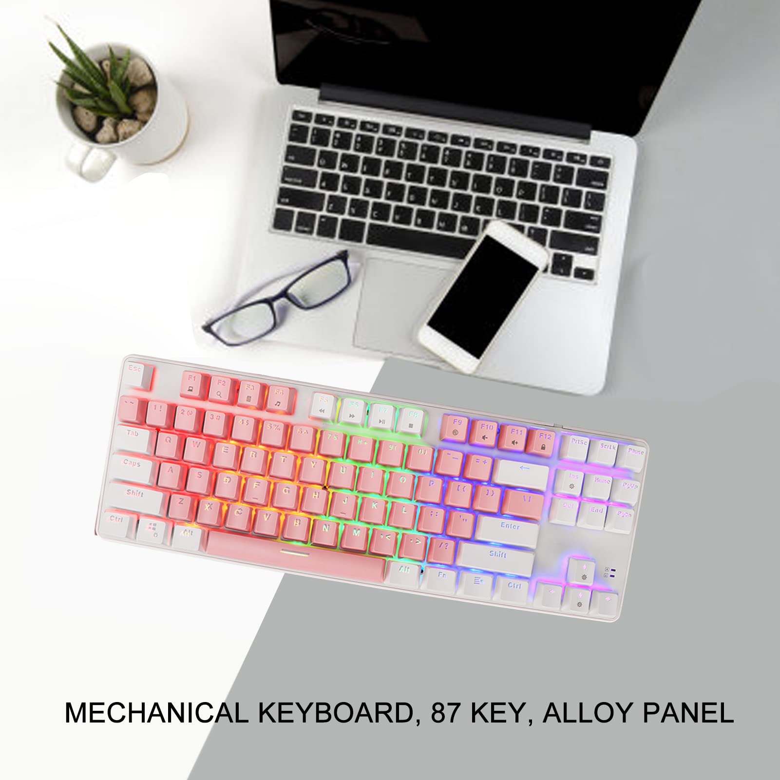 Pomya RGB Backlit Keyboard, 87 Key Mechanical Gaming Keyboard, USB Wired Mechanical Keyboard, Blue Switch for PC Laptop Desktop Computer(Pink White)