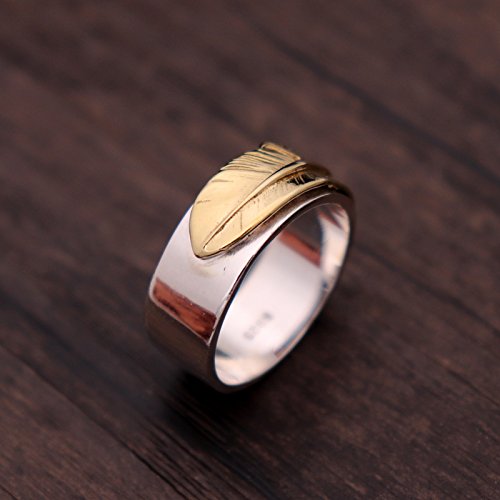 Gold Feather Ring 925 Sterling Silver Plume Ring Band for Men Women Size 7.5