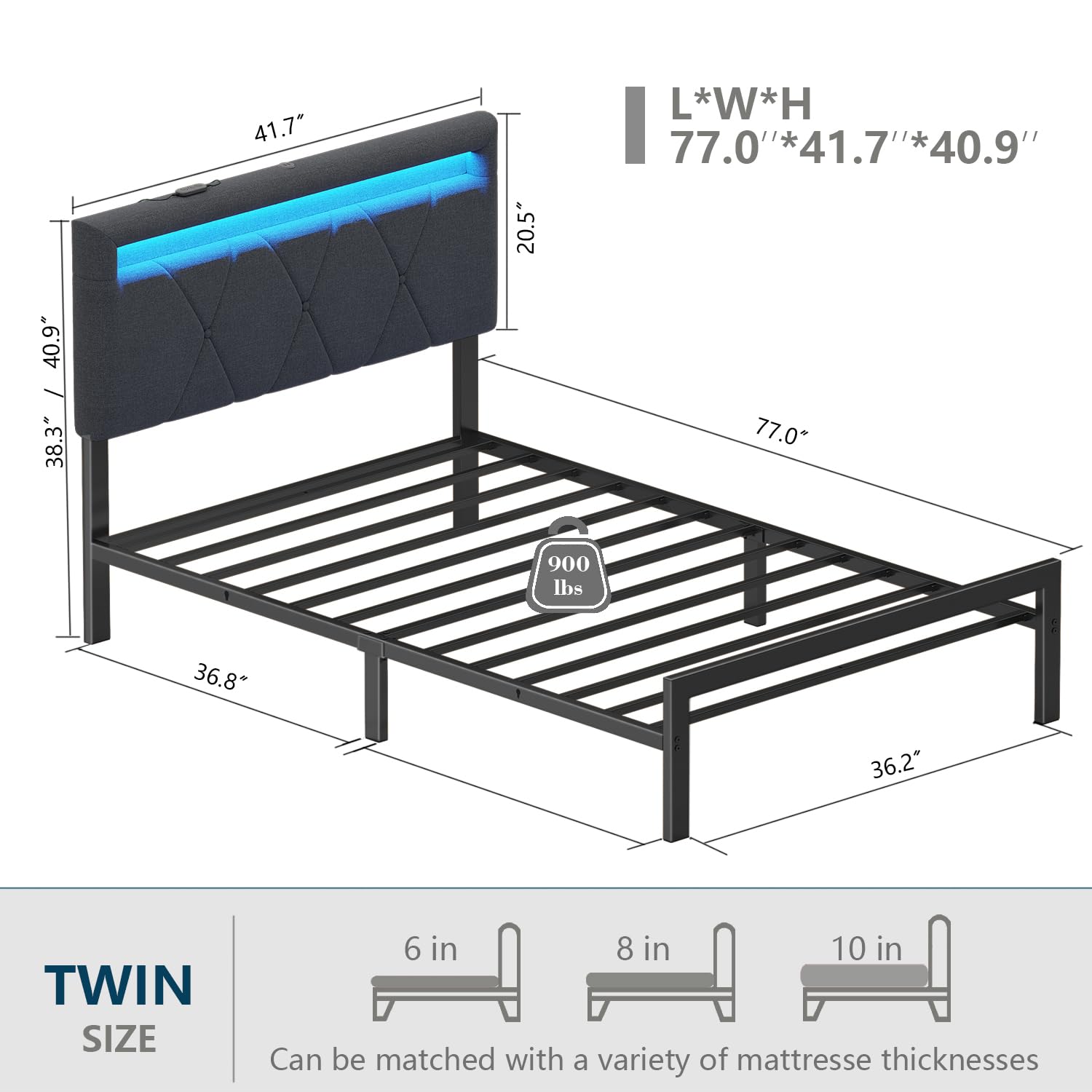 ROCHECASA Queen Bed Frame with Charging Station and LED Lights, Upholstered Bed with Height Adjustable Headboard, Noise Free, Easy Assembly, Dark Grey