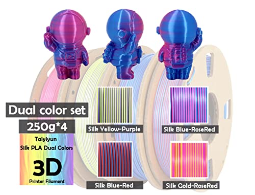 Taiyiyun 3D PLA Filament 1.75mm Bundle, Dual Color Filament PLA Dimensional Accuracy +/- 0.03 mm 3D Printing Filament, Color Changing PLA Silk Filament 250g*4 Spools
