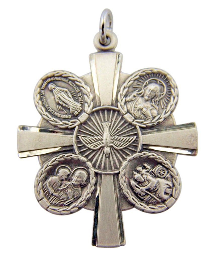 HMHReligiousMfg Sterling Silver 4-Way Medal Pendant with Latin Cross Center, 1 1/4 Inch