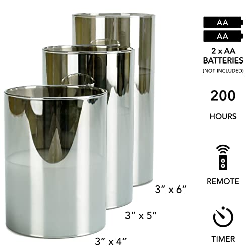 Softflame Flickering Flameless Glass LED Candles with Remote Control, 3D Flame Battery Operated Candles in Real Wax for Indoor Use and Home décor, Set of 3: 3"x4", 3"x5", 3"x6" Gray