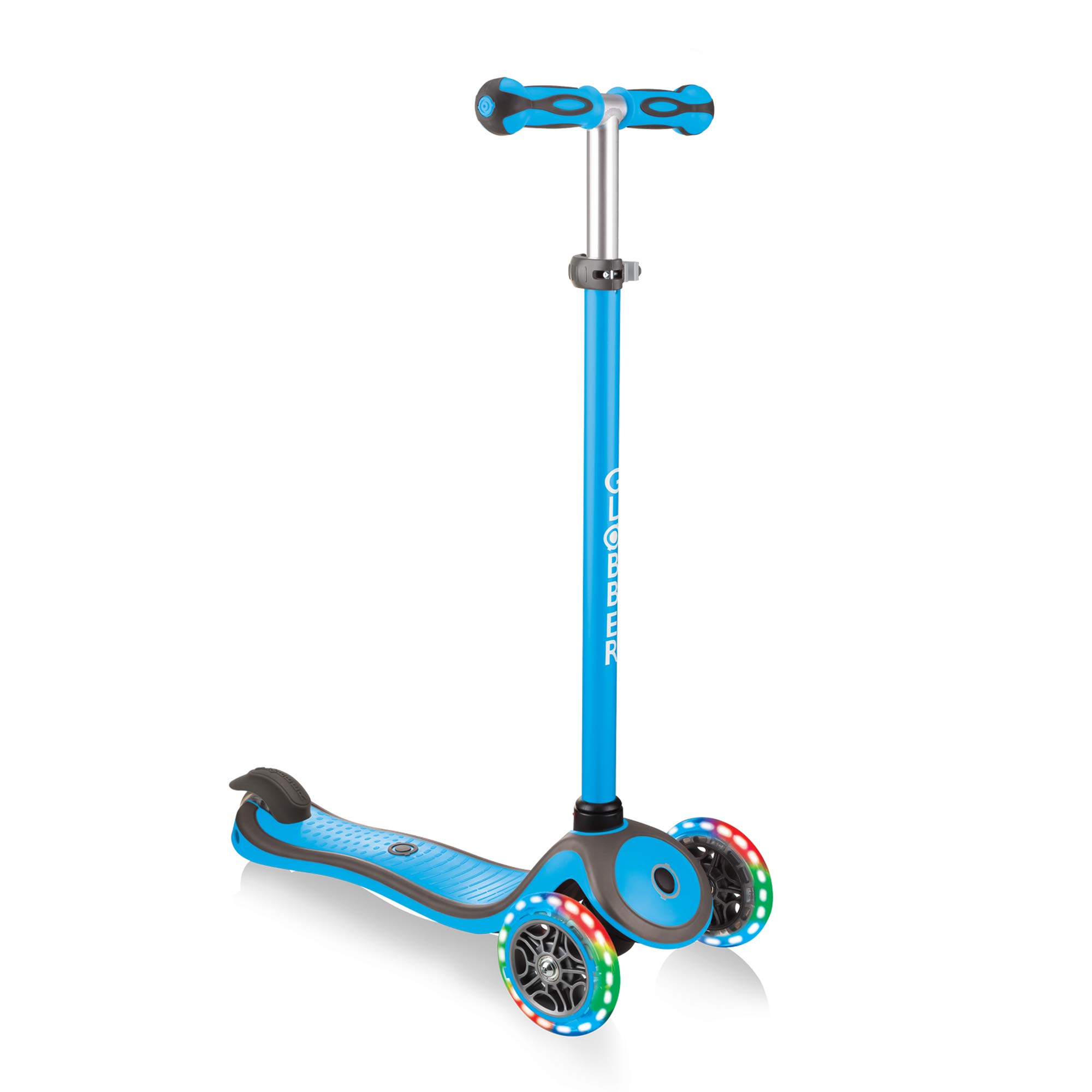 Globber - Primo Plus 3-Wheel Kids Kick Scooter - LED Light Up Wheels - Adjustable Height T-Bar - for Boys and Girls - Sky Blue