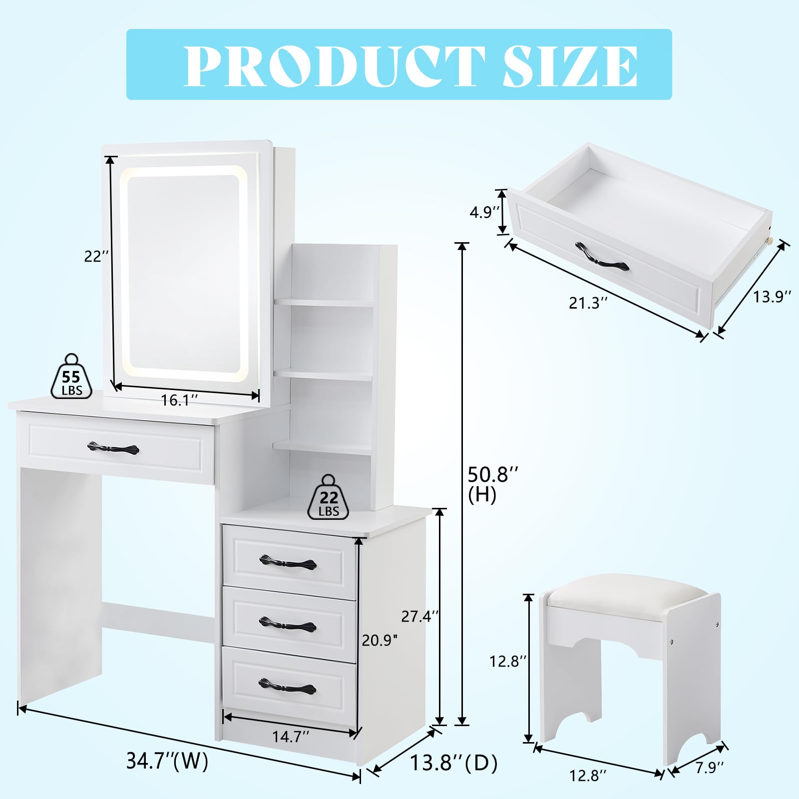 VanAcc Makeup Vanity Desk with Lights & Sliding Mirror for Teenagers, 35" Wide Vanity Table with 4 Drawers and Shelves, Small Vanity Dressing Table, LED Lights Vanity Set, Stool Included, White