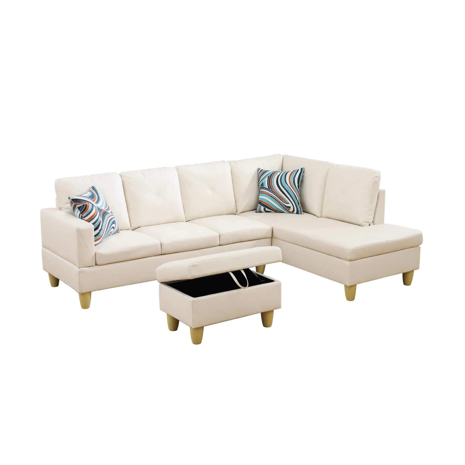 ROCKINGRUN 97" L-Shape Faux Leather Modular Sectional Sofa with Right Chaise and Storage Ottoman, 6-8 Seater Upholstered Button Tufted Modern Couch Set for Living Room, Office, Apartment (Beige)
