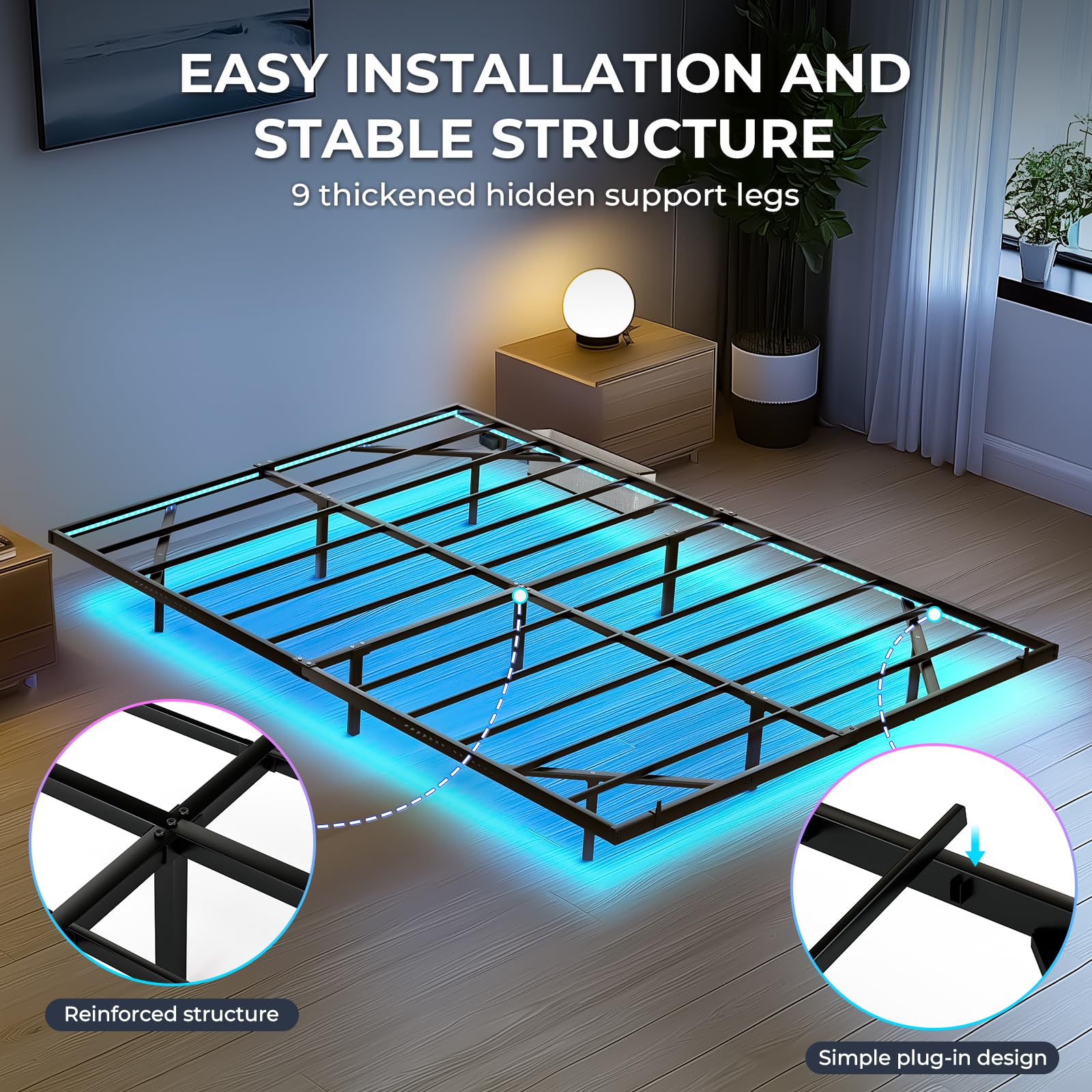 Tatub Queen Floating Bed Frame with Bedside Caddy, LED Floating Bed Frame with Charing Station & 4 Mattress Slide Stopper, Heavy Duty Metal Platform Bed, No Box Spring Needed, Easy to Assemble
