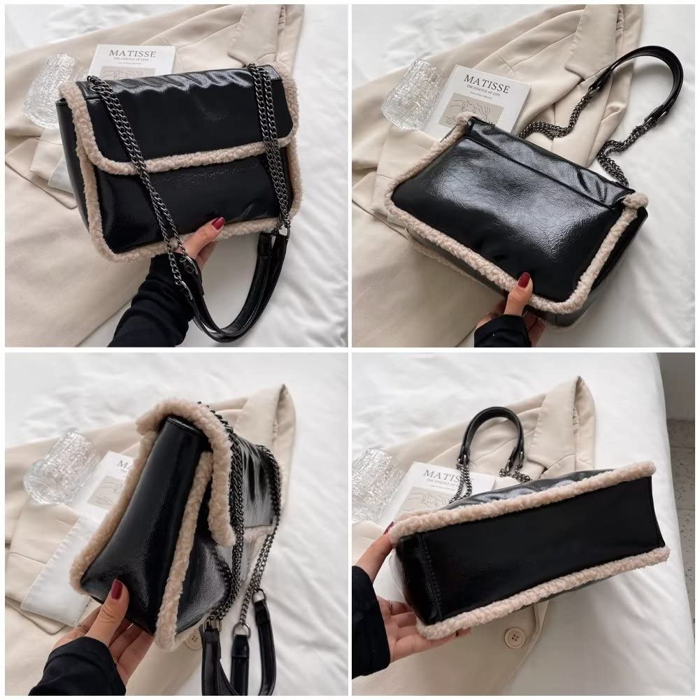 Mudono Shoulder Bag for Women Soft Glossy Crossbody Bag Square Purse Handbag with Faux Shearling Trim and Chain Strap