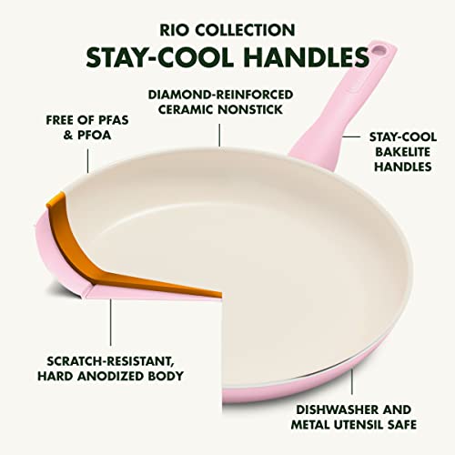 GreenPan Rio Healthy Ceramic Nonstick 16 Piece Cookware Pots and Pans Set, PFAS-Free, Dishwasher Safe, Pink