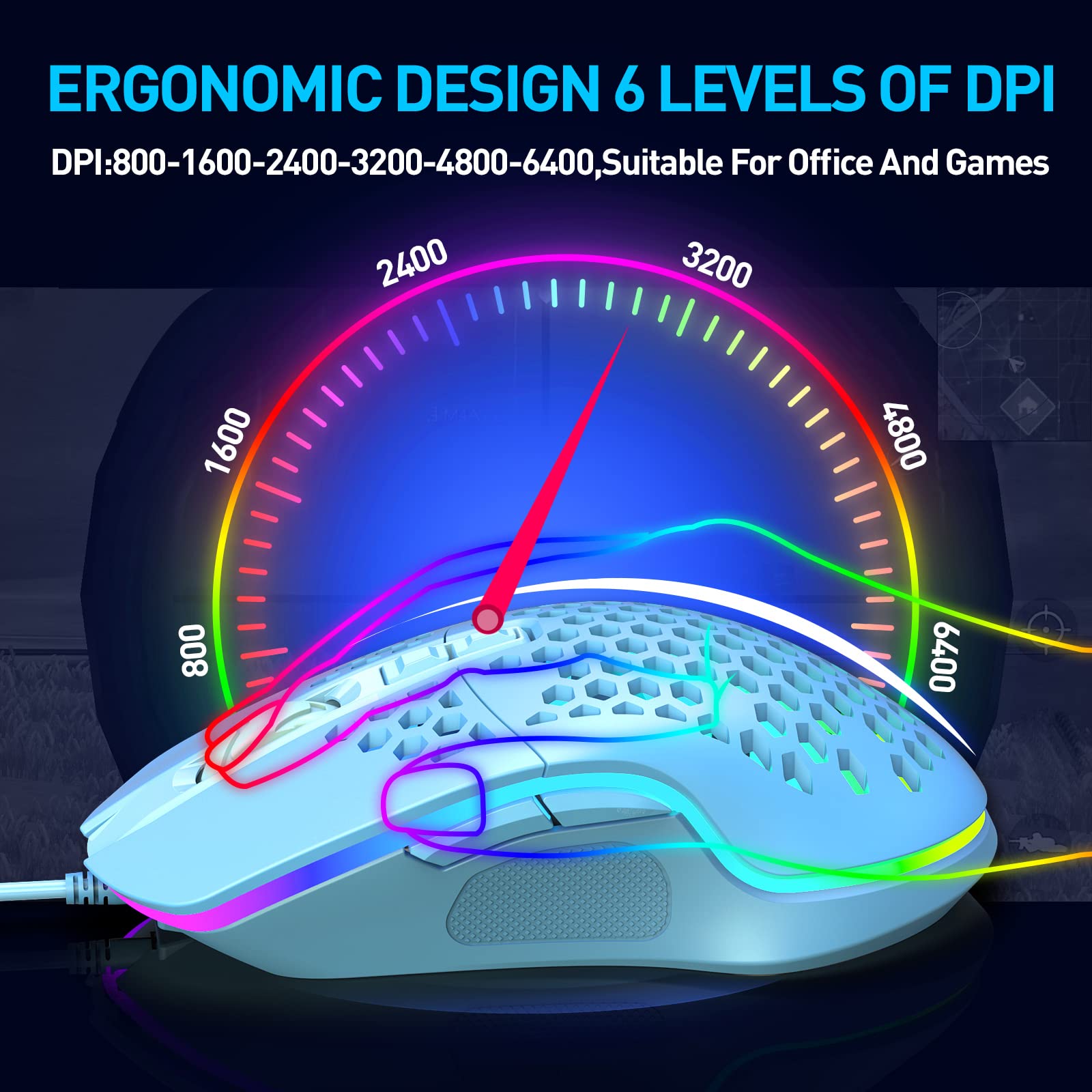 HETOETF Lightweight Gaming Mouse, Wired USB PC Gaming Mice with Ultralight Honeycomb Shell, RGB Chroma LED Light, 6400 DPI Adjustable, Pixart 3325, Programmable 7 Buttons Mouse for Windows 7/8/10/XP