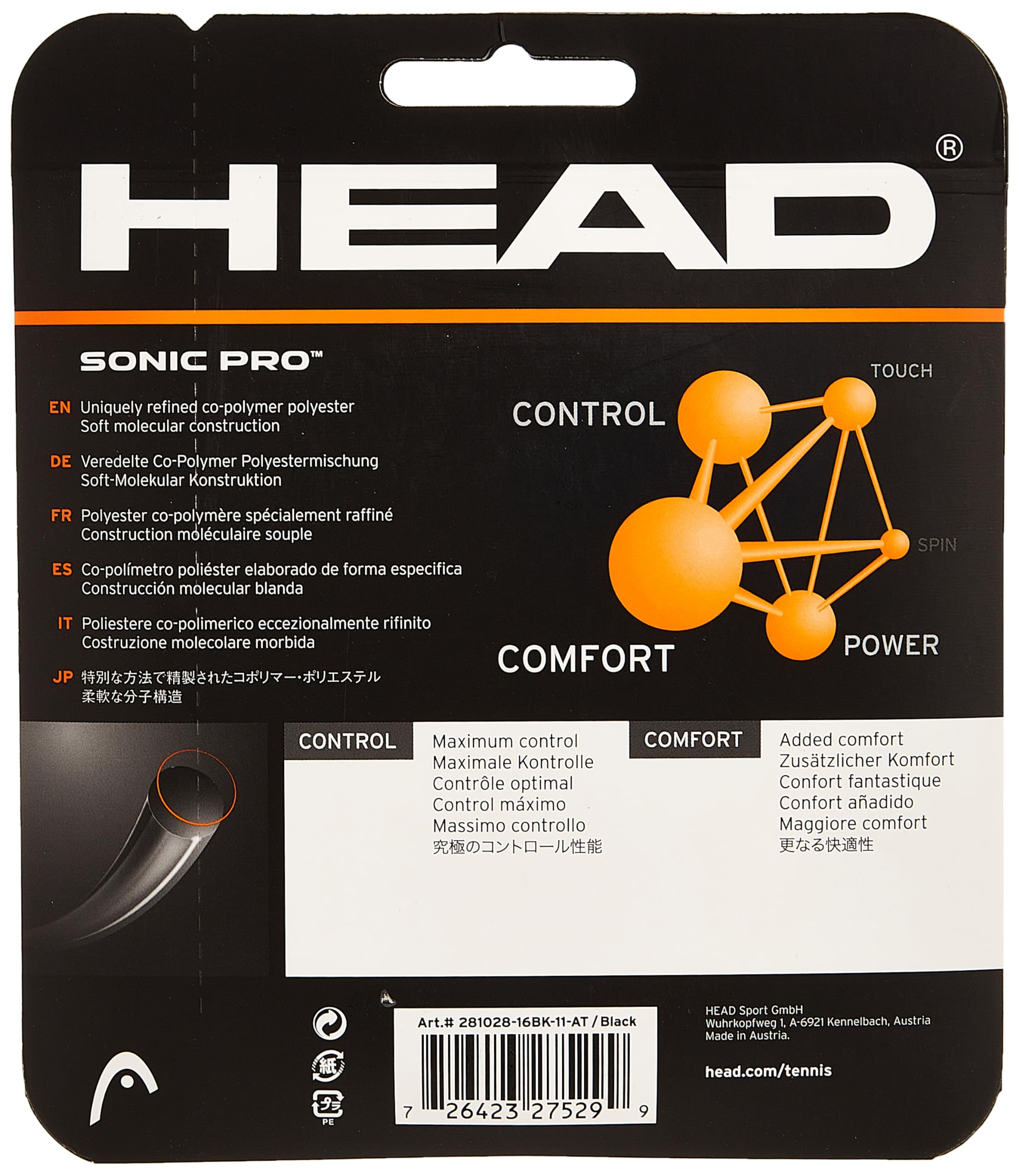 HEAD Sonic Pro Tennis Racket String 40' Set - 17 Gauge Monofilament Racquet String, Black