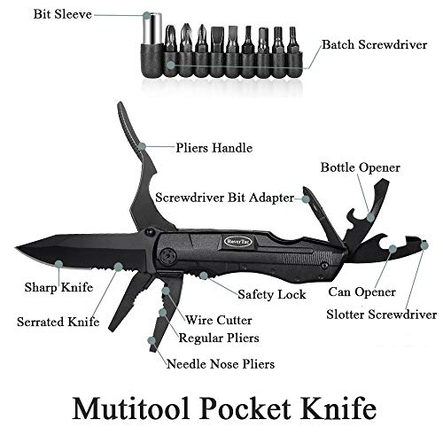 RoverTac Pocket Knife Tactical Folding Multi Tool Knife with Pliers Bottle & Can Opener 9-Pack Screwdrivers Liner Lock Nylon Sheath Perfect for Camping Survival Hiking