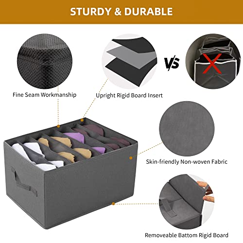Wardrobe Clothes Organizer, 2 Pack Durable 7 Grids Clothes Organizer for Folded Clothes, Washable Closet Drawer Storage Organizer for Large Bra, Clothes, Pants, Jeans, T-Shirt, Medium, Drak Grey