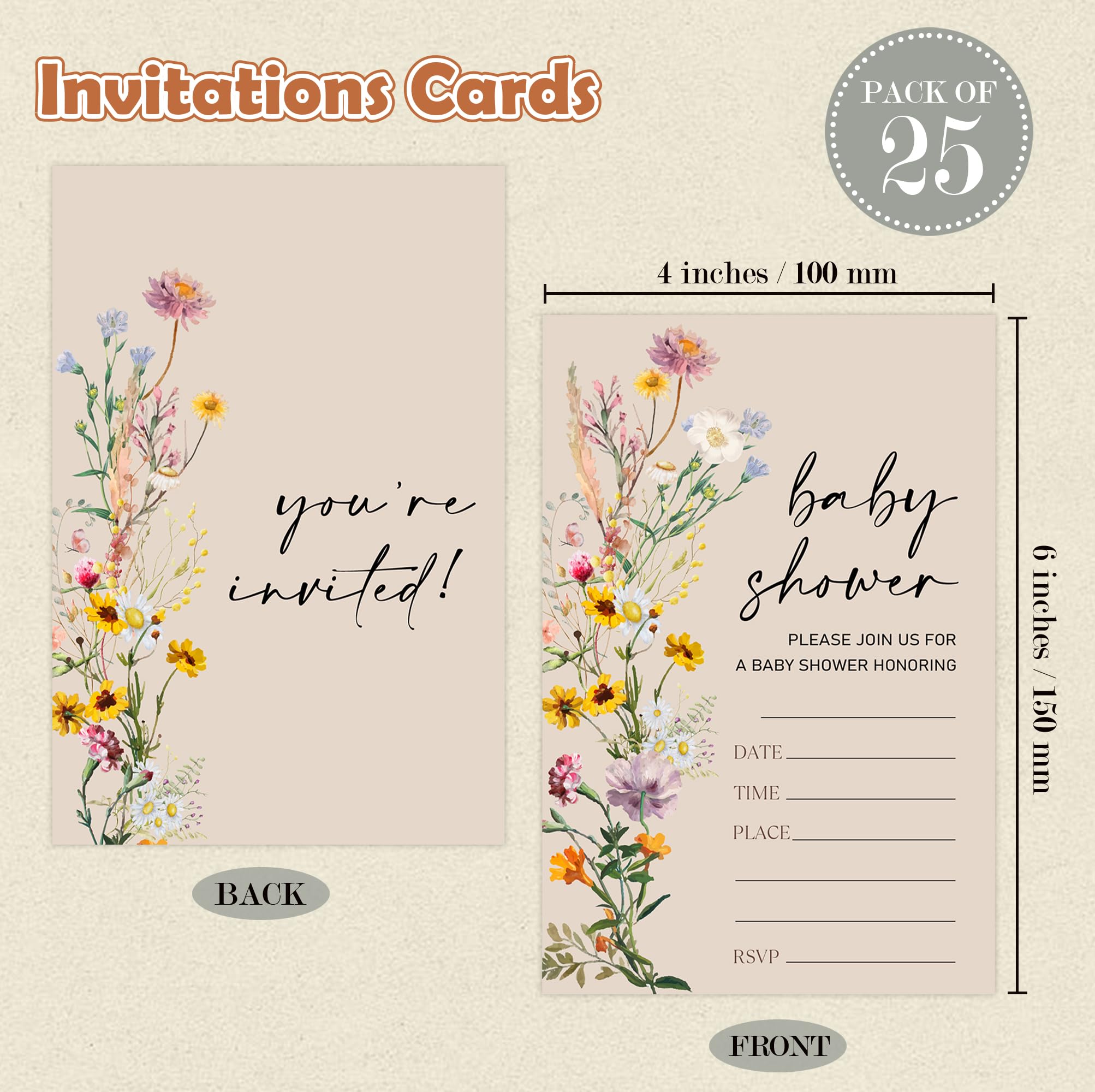 GNATV Set of 25 Baby Shower Invitations with Envelopes, Diaper Raffle Tickets and Baby Shower Book Request Cards - set004
